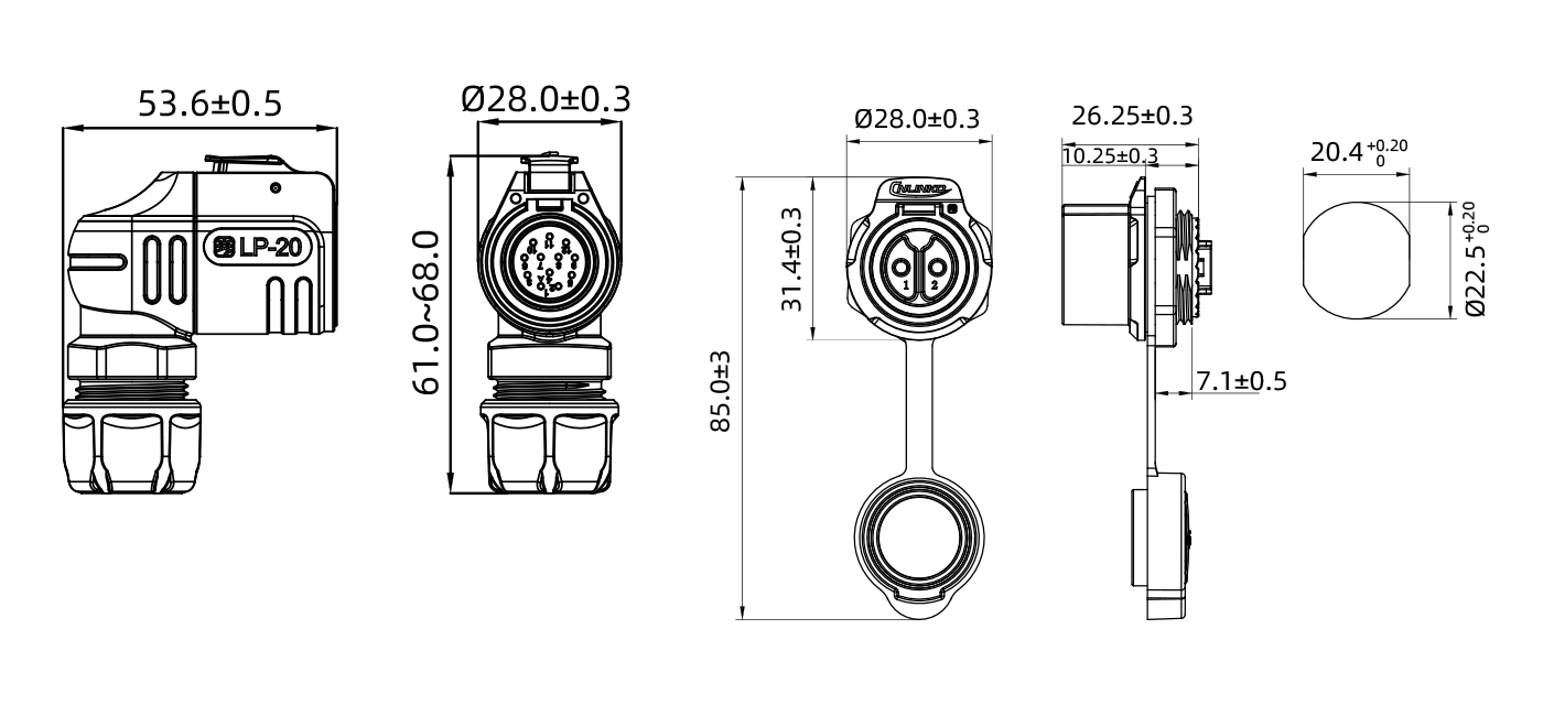 LP-20-3 Pin 90° Industrial Circular Waterproof Aviation Plug Signal Connector